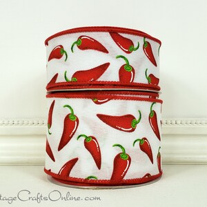 Wired Ribbon, 2.5", Red Chili Peppers on White Linen Look With Red Edge ...