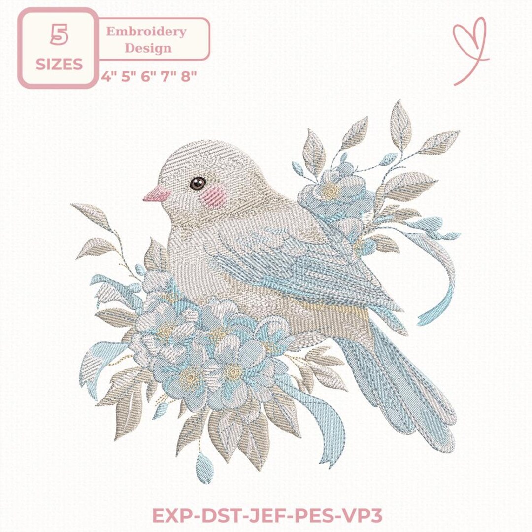 Floral Bird Embroidery Design, Vintage Pastel Blue Bird With Flowers ...