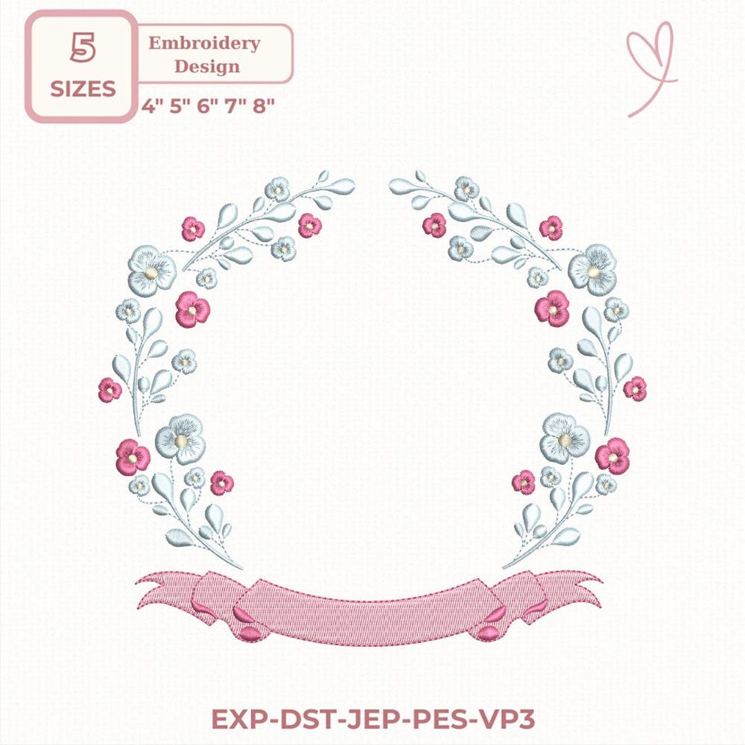 Floral Wreath Embroidery Design, Monogram Frame With Ribbon, Wedding ...