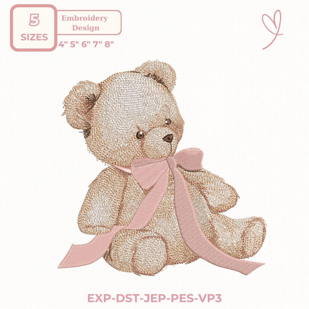 Teddy Bear Embroidery Design, Cute Baby Bear With Bow, Soft Neutral ...
