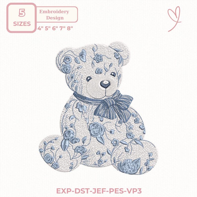 Teddy Bear Embroidery Design, Floral Teddy Bear Embroidery Design, Baby ...
