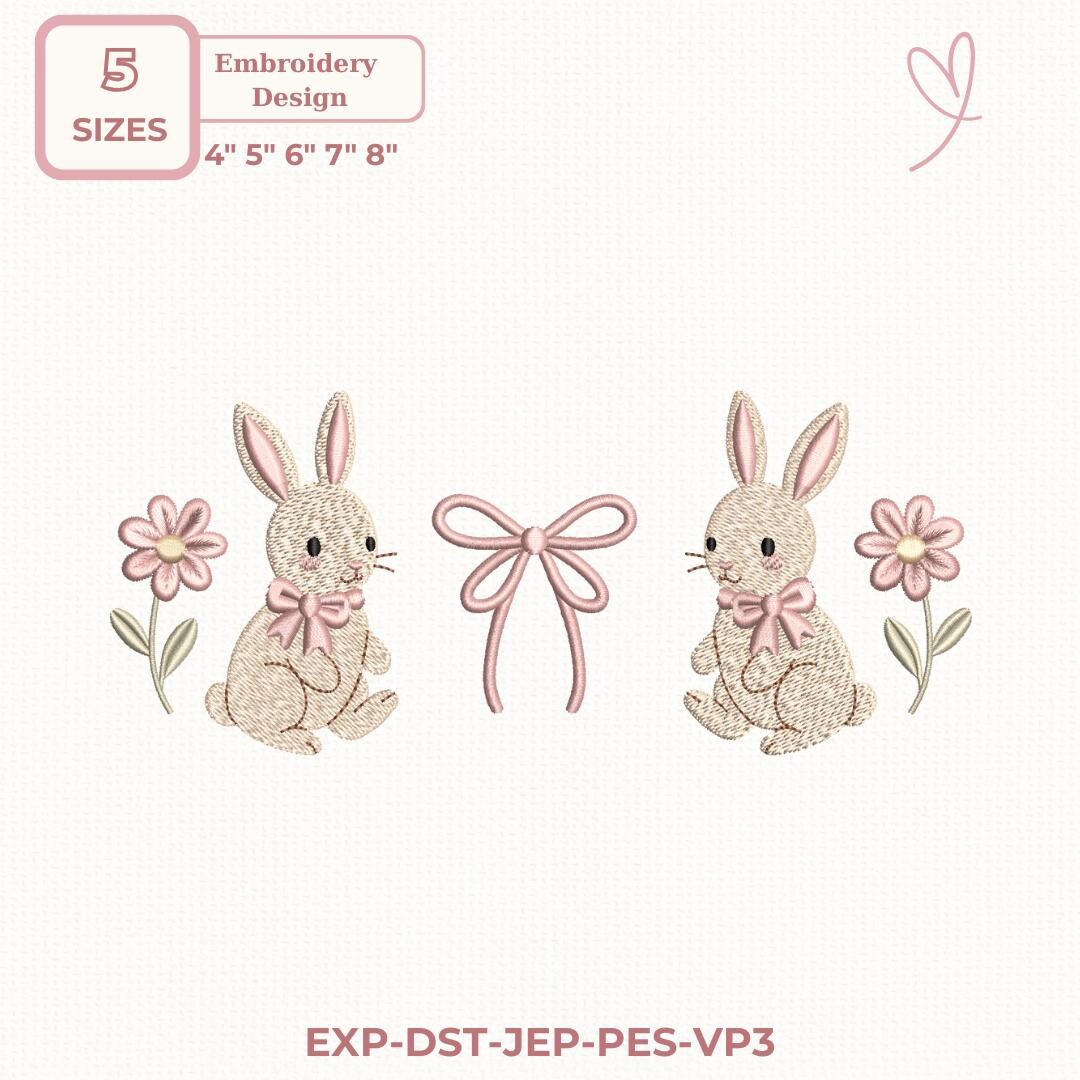Bunny Bow Embroidery Design – Cute Girl Bunny With Bow, Pastel Dress ...