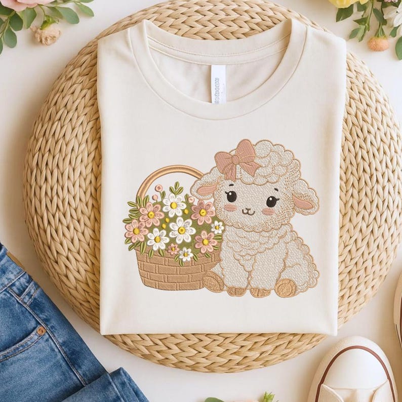 Cute Lamb Embroidery Design – Baby Sheep With Flower Basket – Spring ...