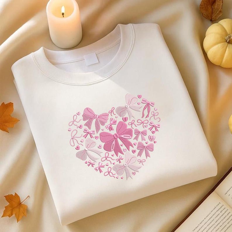 Bow Heart Embroidery Design, Coquette Valentine Style, Valentine's Day ...