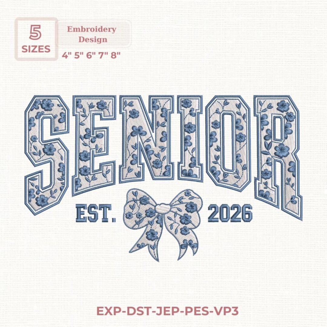 Senior EST 2026 Embroidery – Vintage Varsity Letters Bow Design, Senior ...