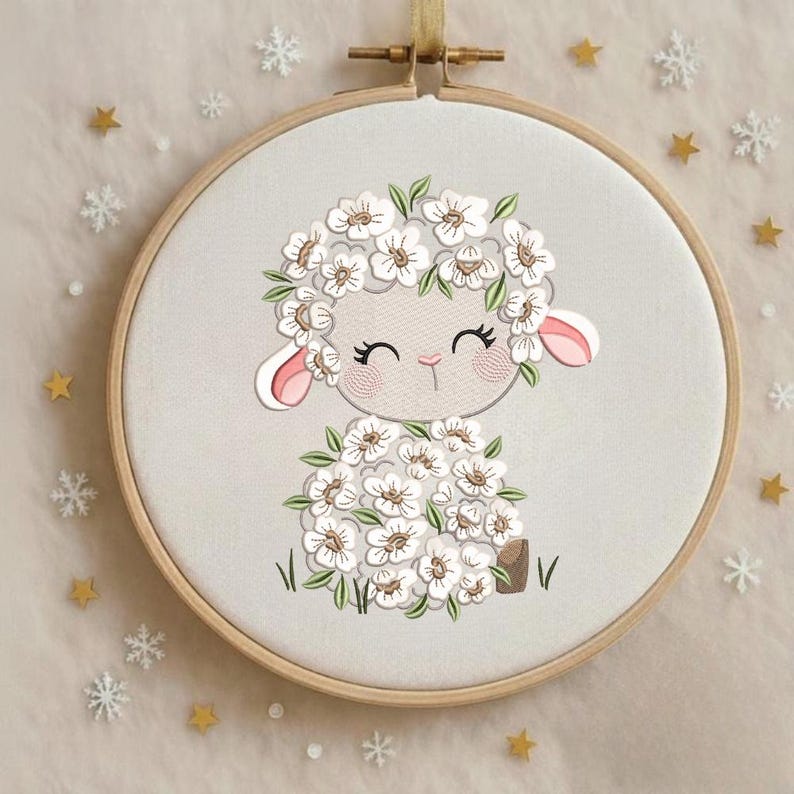 Floral Lamb Embroidery Design, Cute Baby Sheep Pattern, Spring Machine ...