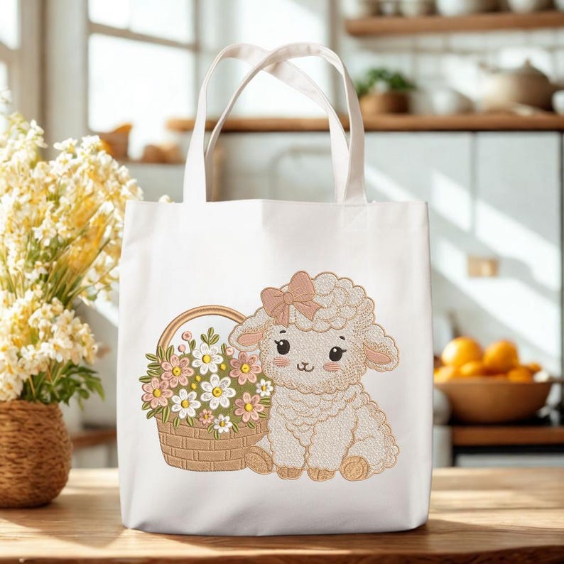Cute Lamb Embroidery Design – Baby Sheep With Flower Basket – Spring ...
