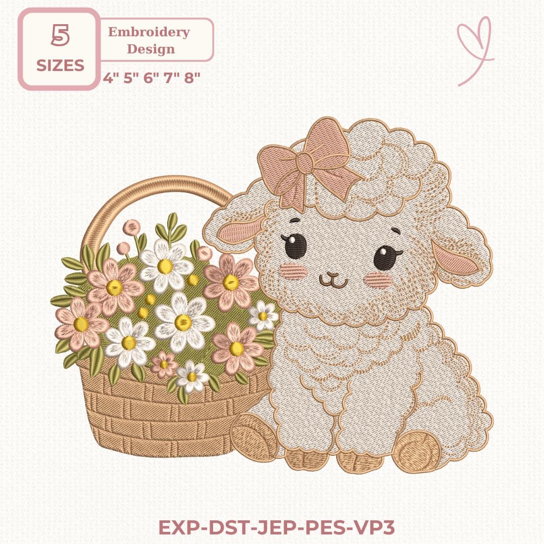 Cute Lamb Embroidery Design – Baby Sheep With Flower Basket – Spring ...