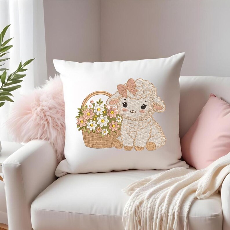 Cute Lamb Embroidery Design – Baby Sheep With Flower Basket – Spring ...