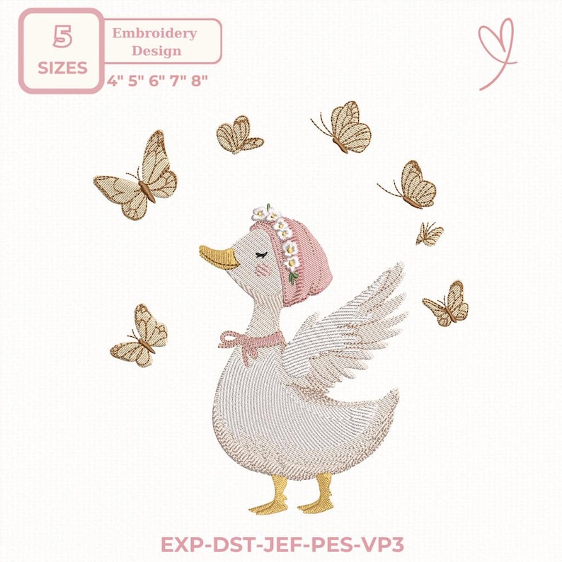 Goose Embroidery Design, Vintage Goose With Butterflies, Cottagecore ...