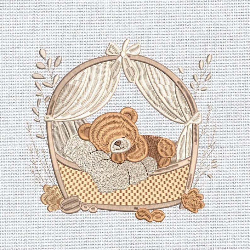 Teddy Bear Embroidery Design – Sleeping Baby Bear in Basket, Nursery ...