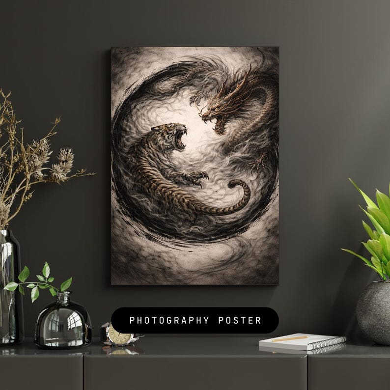 Dragon Vs Tiger Japanese Ink Art Poster, Sumi-e Style Wall Art, Yin ...