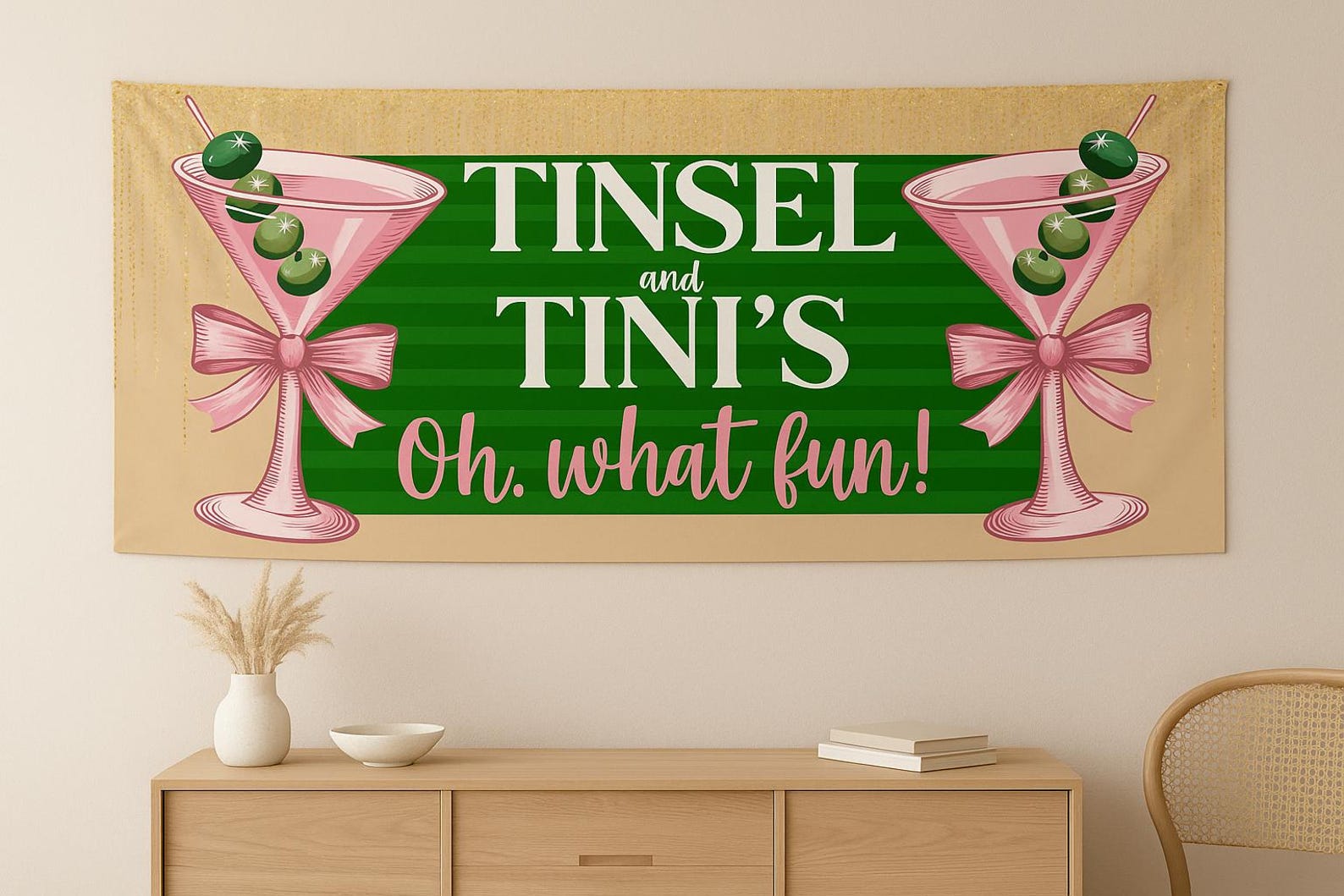 Tinsel and Tinis Christmas Banner Holiday Martini Party Sign Pink ...