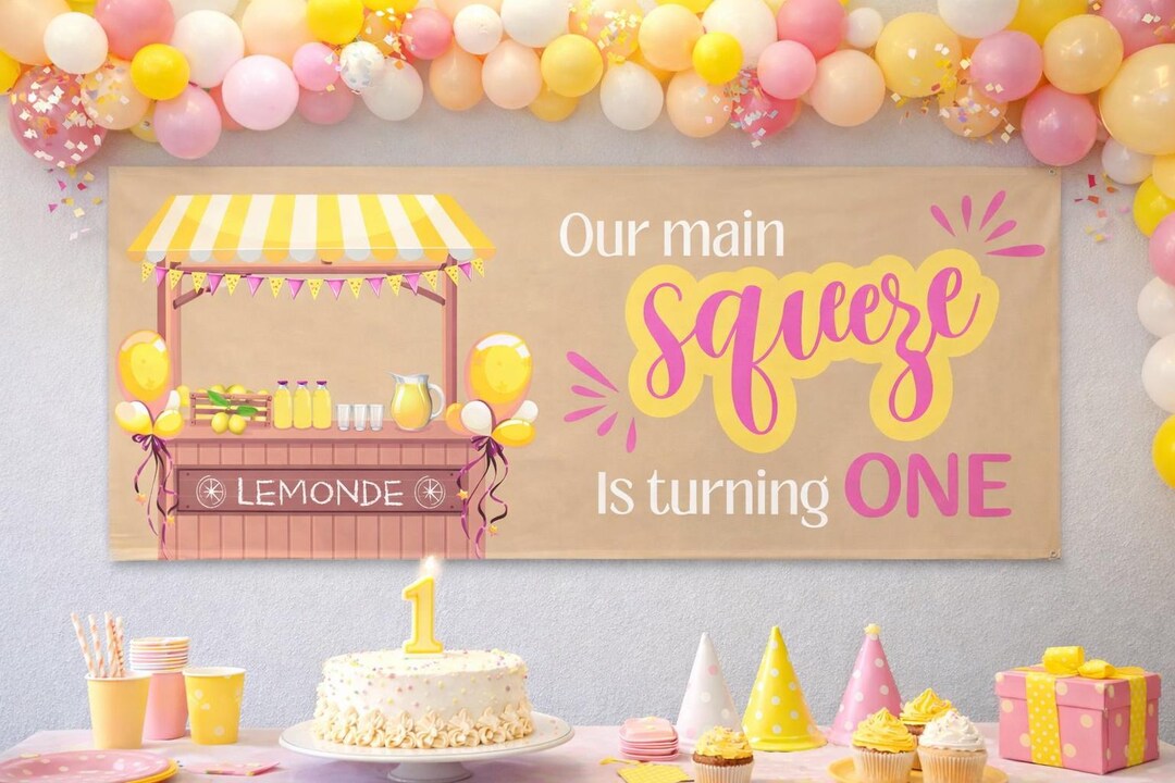 Lemonade First Birthday Banner | Our Main Squeeze, Pink & Yellow ...
