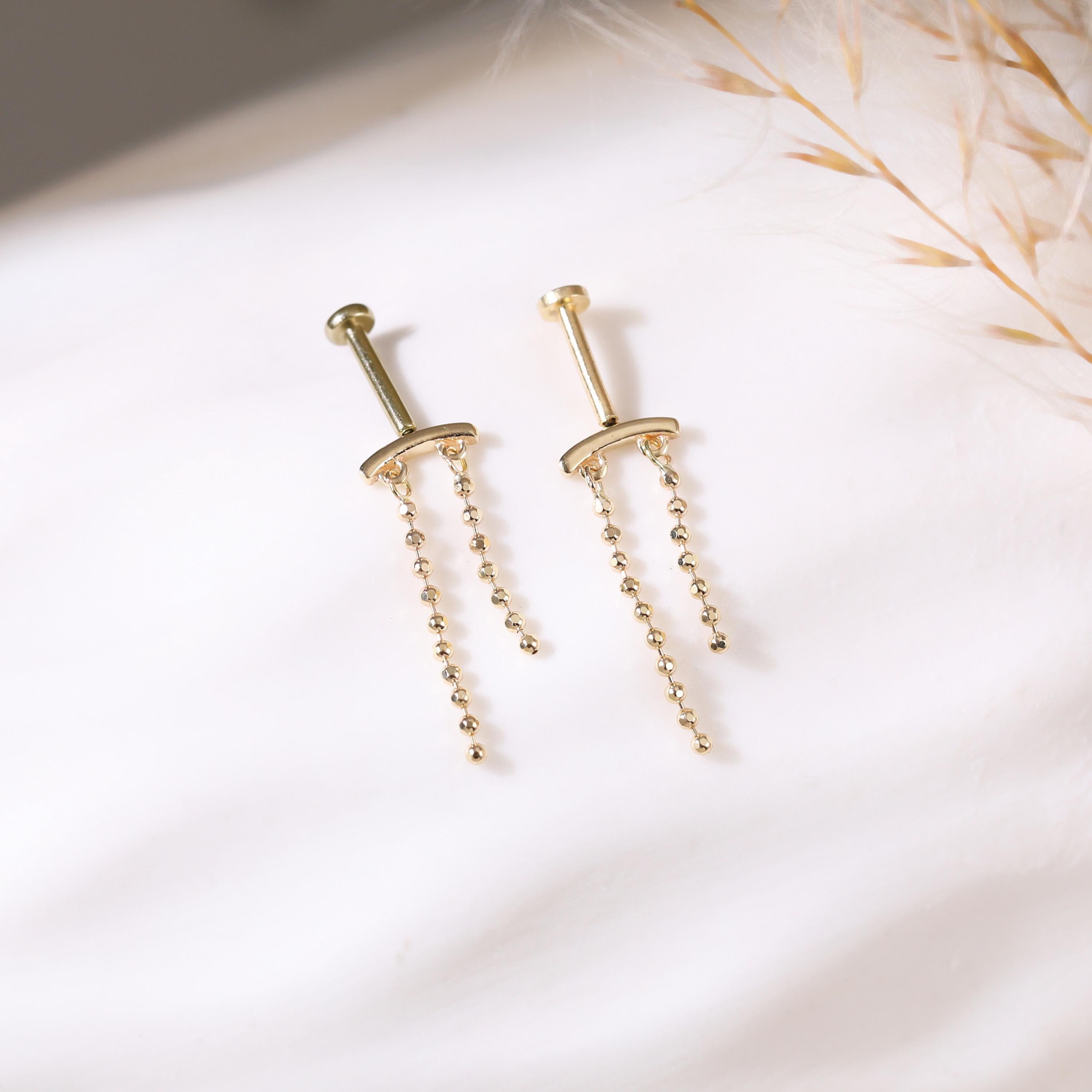 14K Solid Gold Vertical Dangle Hidden Helix Piercing • Dainty Double ...