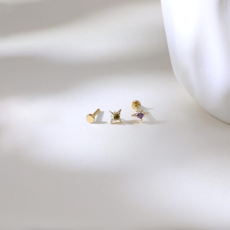 14K Solid Gold Star Cartilage Stud • Flat Back Helix Earring for New ...