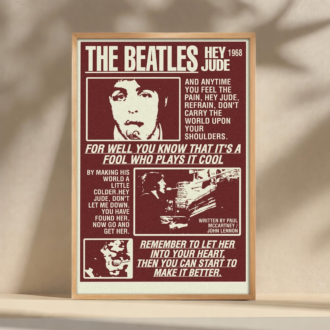 The Beatles Hey Jude 1968 Poster | Vintage Retro Wall Art | Classic Red ...
