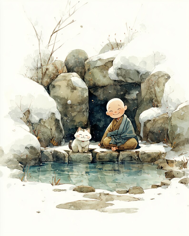 Little Monk at Mountain Hot Spring | Zen Watercolor Wall Art | Peaceful ...