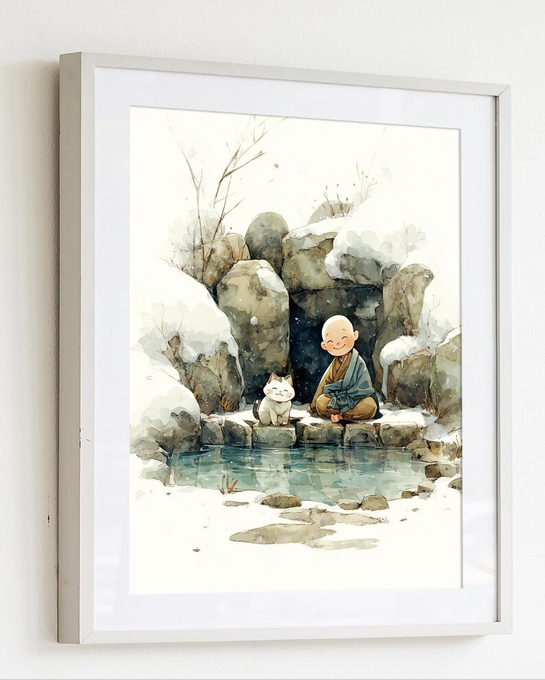 Little Monk at Mountain Hot Spring | Zen Watercolor Wall Art | Peaceful ...