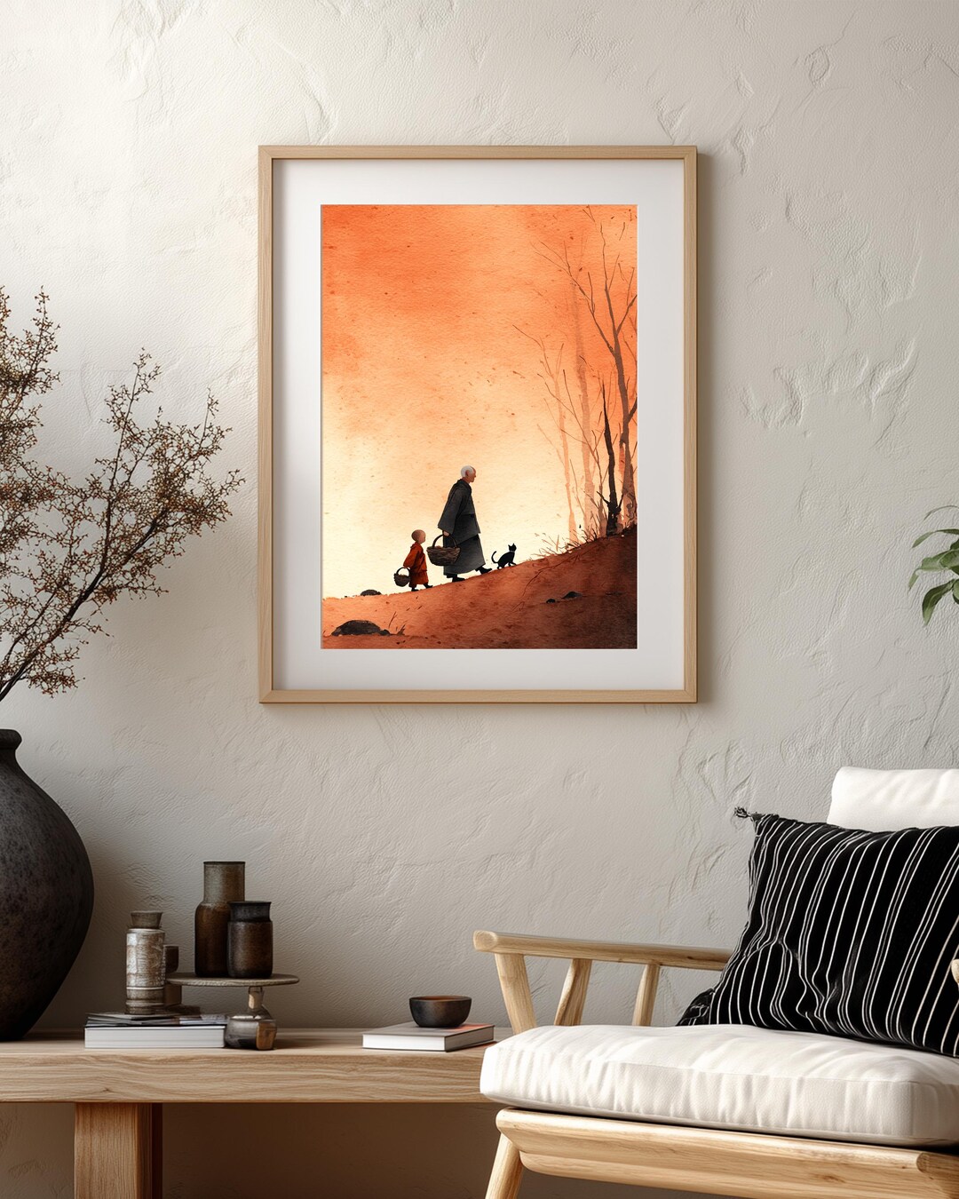 Watercolor Wall Art Print | Little Monk Helping Old Man Carry Basket ...