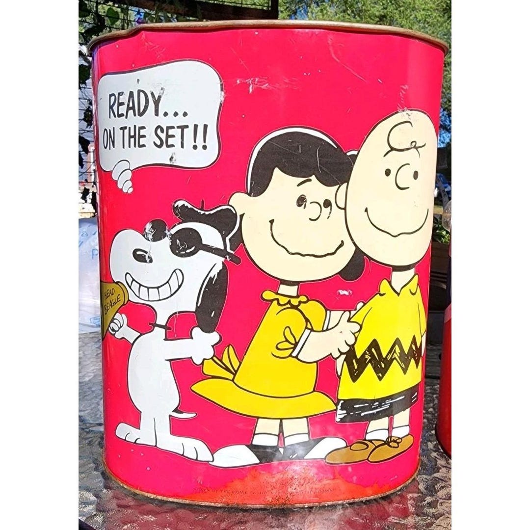 Snoopy Peanuts Lucy Charlie Brown Red Metal Cheinco Trash Can 1969 ...