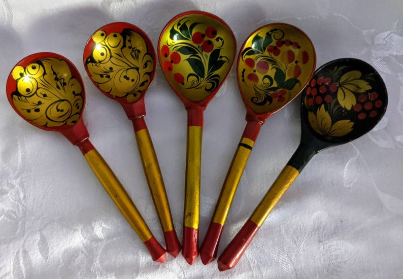 Hand Carved Russian Wooden Spoons/ Khokhloma/ Five | Etsy