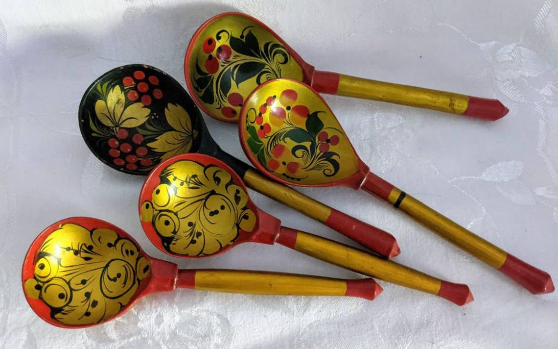 Hand Carved Russian Wooden Spoons/ Khokhloma/ Five | Etsy