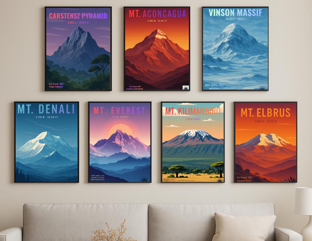 Seven Summits Poster Collection – Full Set of 7 Mountain Prints - 18x24 ...