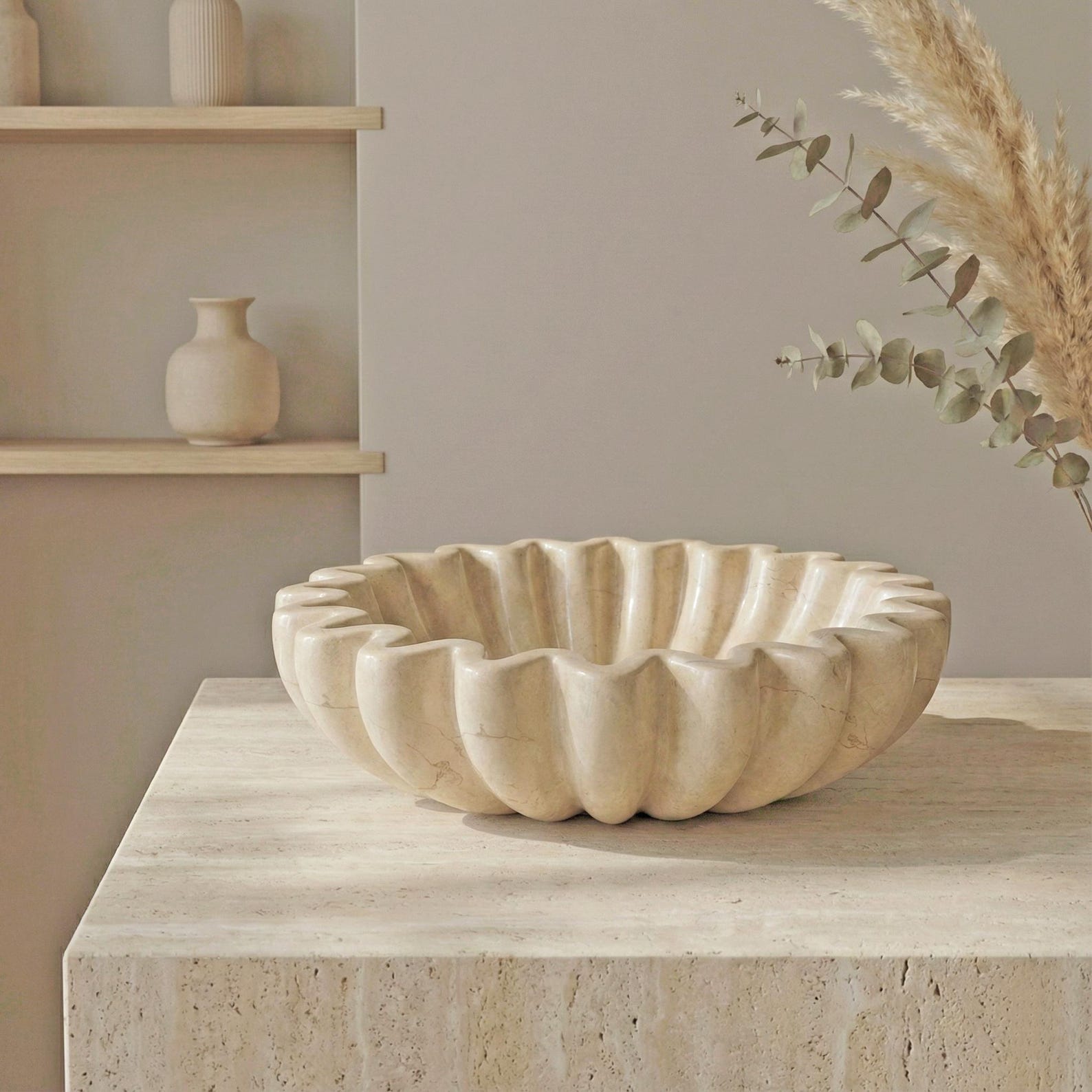 Beige Marble Ruffle Bowl, Marble Scalloped Bowl, Fluted Flower Bowl for ...