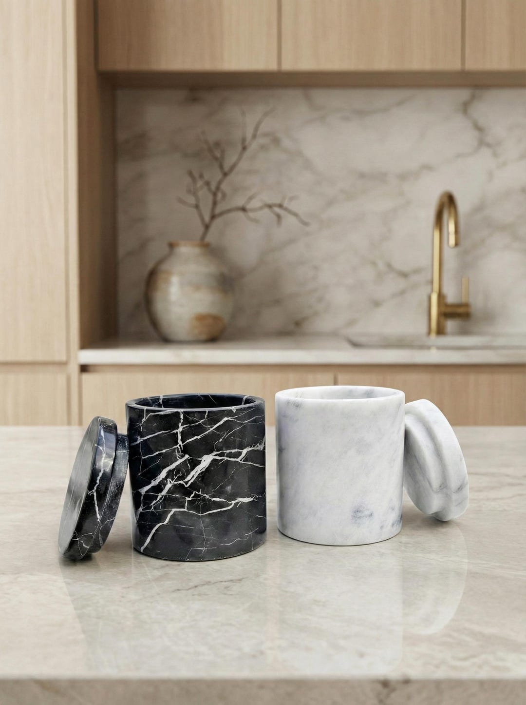 White & Black Marble Jar Set, Pair of 2, Jars With Lid, Salt and Pepper ...