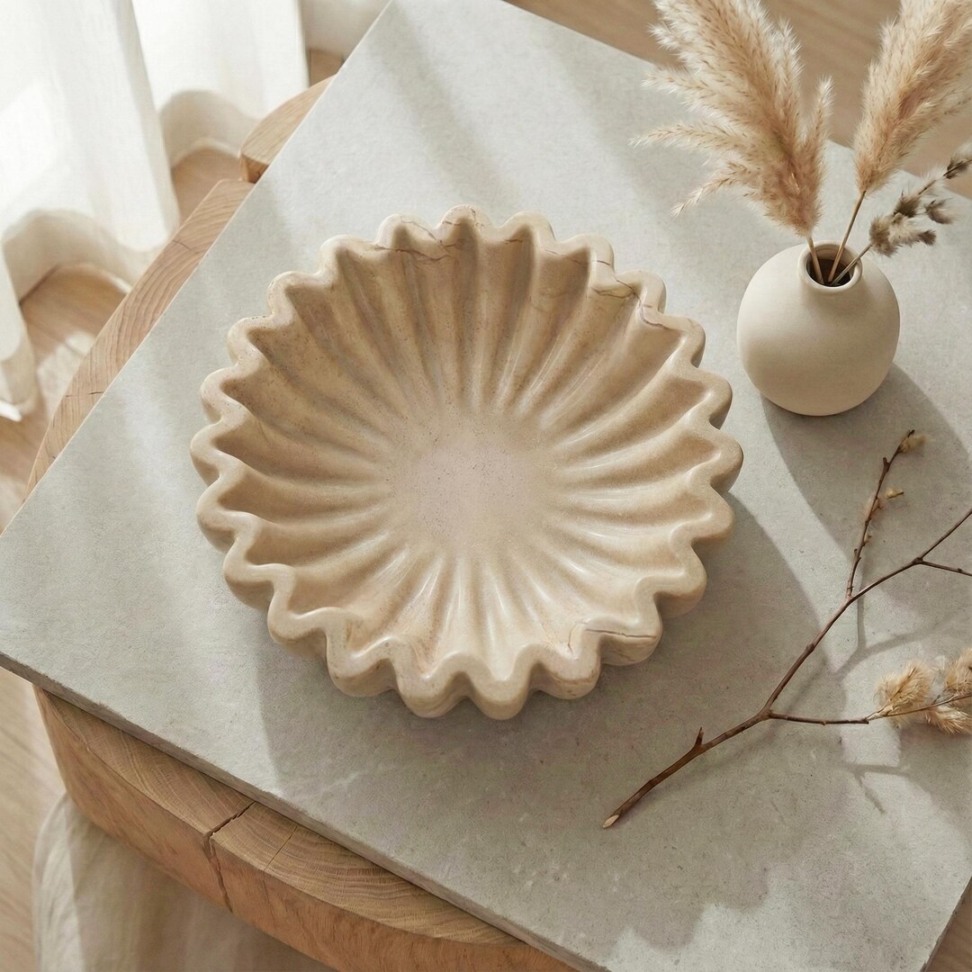 Beige Marble Ruffle Bowl, Marble Scalloped Bowl, Fluted Flower Bowl for ...