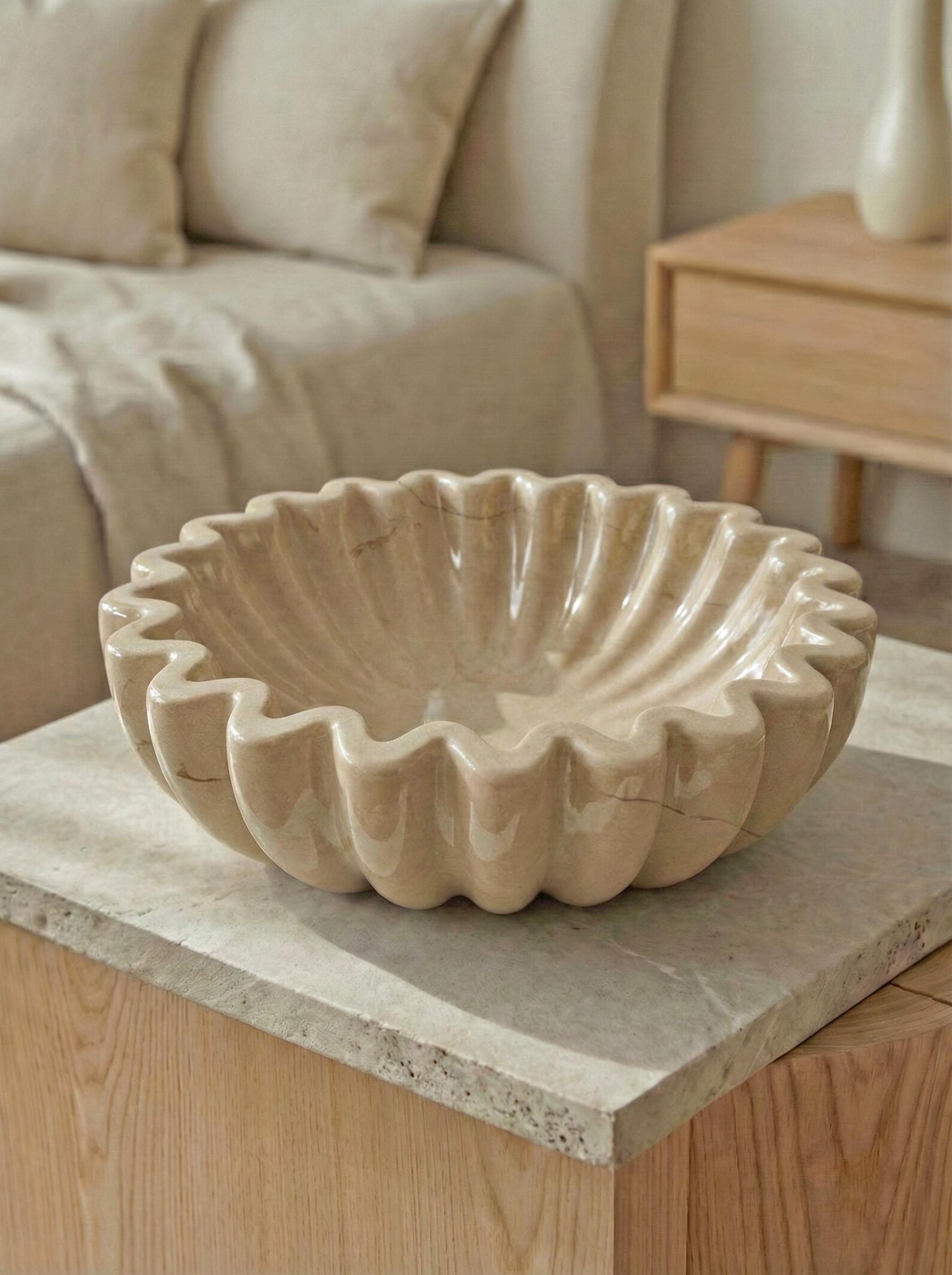 Beige Marble Ruffle Bowl, Marble Scalloped Bowl, Fluted Flower Bowl for ...