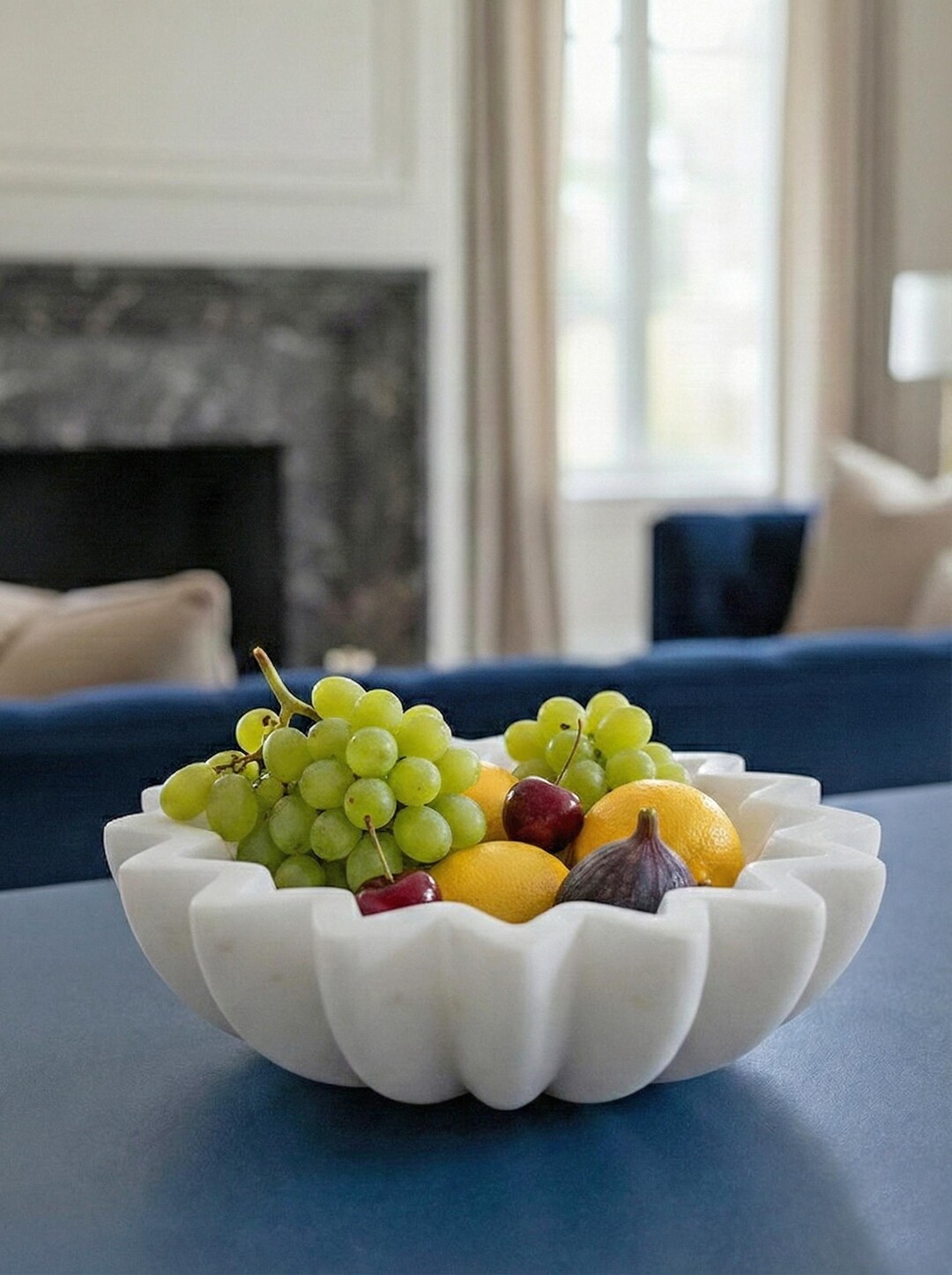 White Marble Ruffle Bowl, Natural Stone Flower Bowl, Round Serving Bowl ...