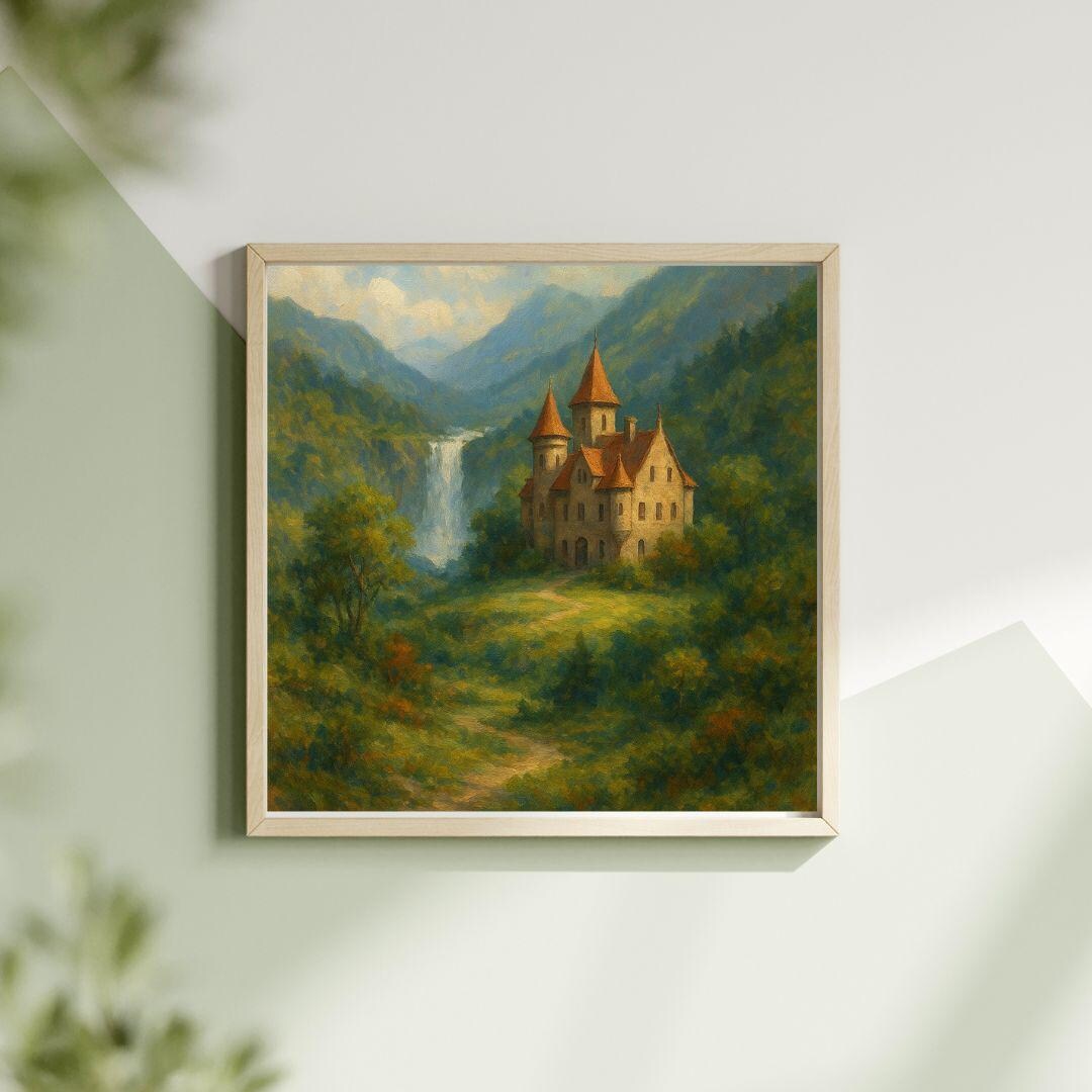 Medieval Castle in Nature by the Waterfall – Tranquil Landscape Oil ...
