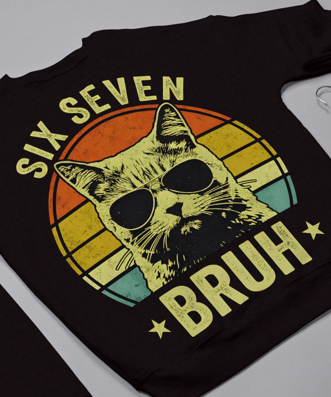 Six Seven Bruh PNG, Gen Z Cool Cat Design, Retro Sunset Cat Graphic ...