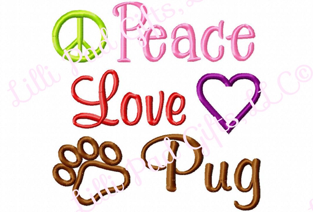 Peace Love Pug - Machine Embroidery Design - 6 Sizes - Etsy