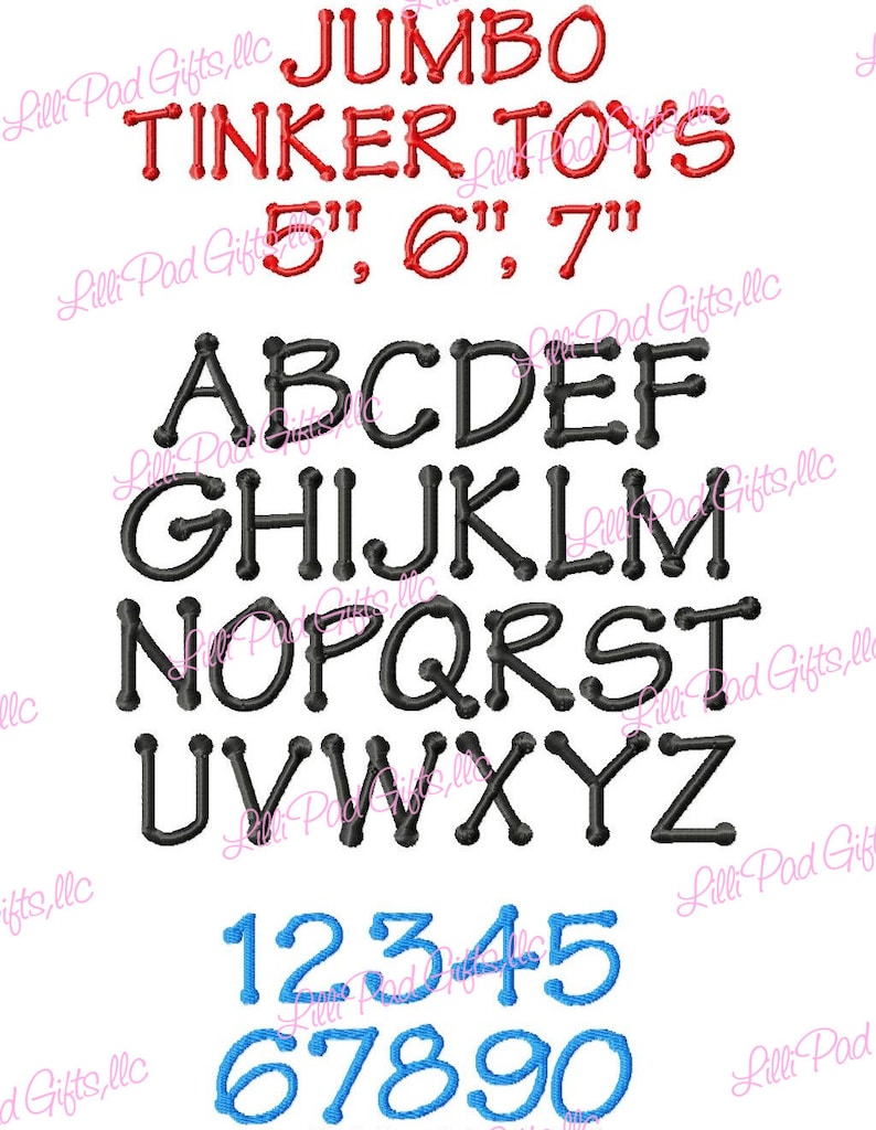 JUMBO Tinker Toys Machine Embroidery Font - Sizes 5",6",7" BUY 2 Get 1 ...