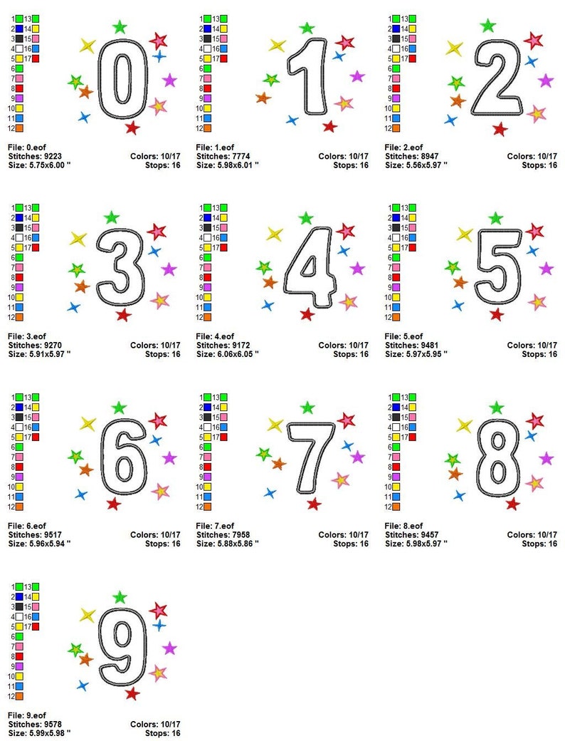 Stars Applique Numbers - Machine Embroidery Design - 4",5",6" 5x7 Hoop ...
