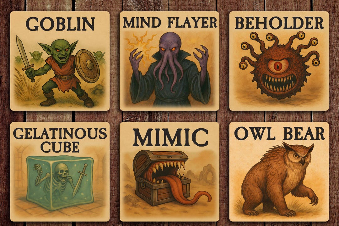 Retro Dnd Monster Coasters | Vintage Fantasy Art, Set of 6 - Etsy