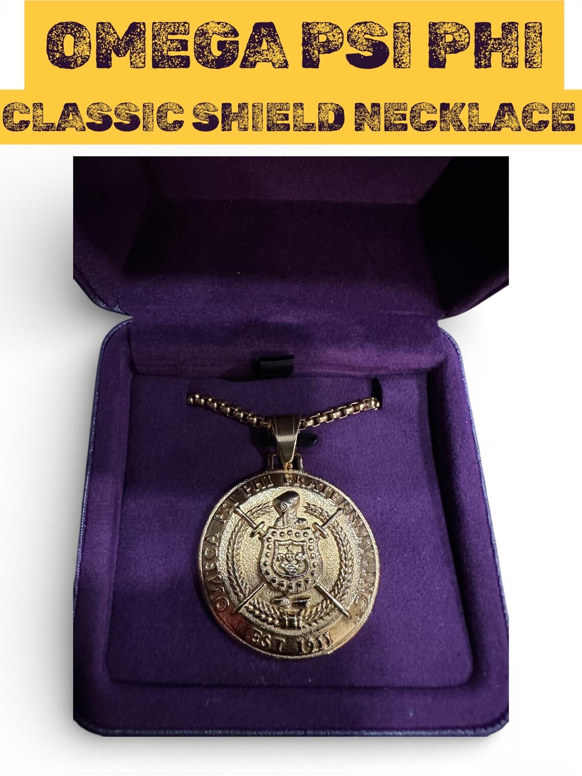 Omega Psi Phi Gold Qlassic Escutcheon Necklace | Purple & Gold 1911 ...