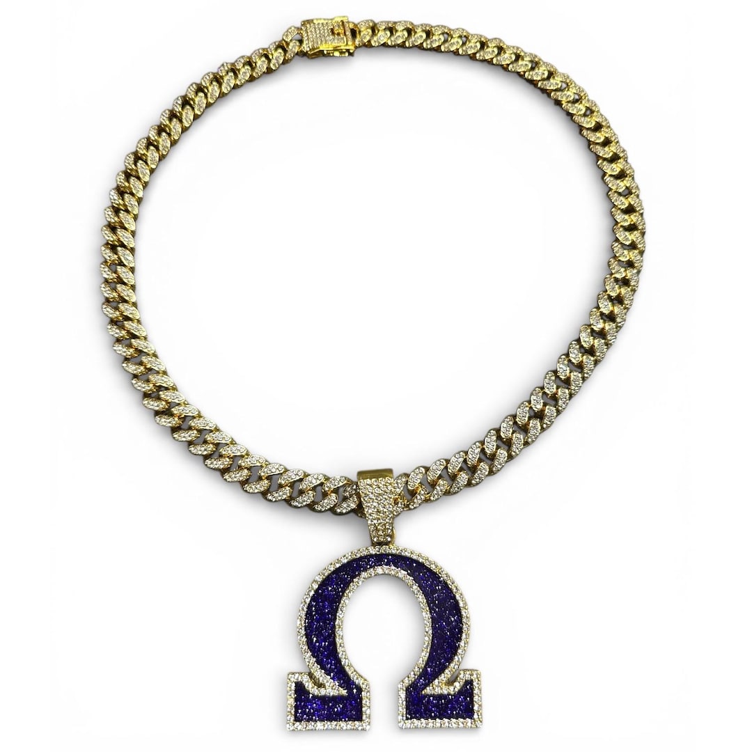 Omega Psi Phi Ω Pendant Necklace – Purple & Gold Iced-out Greek Letter ...