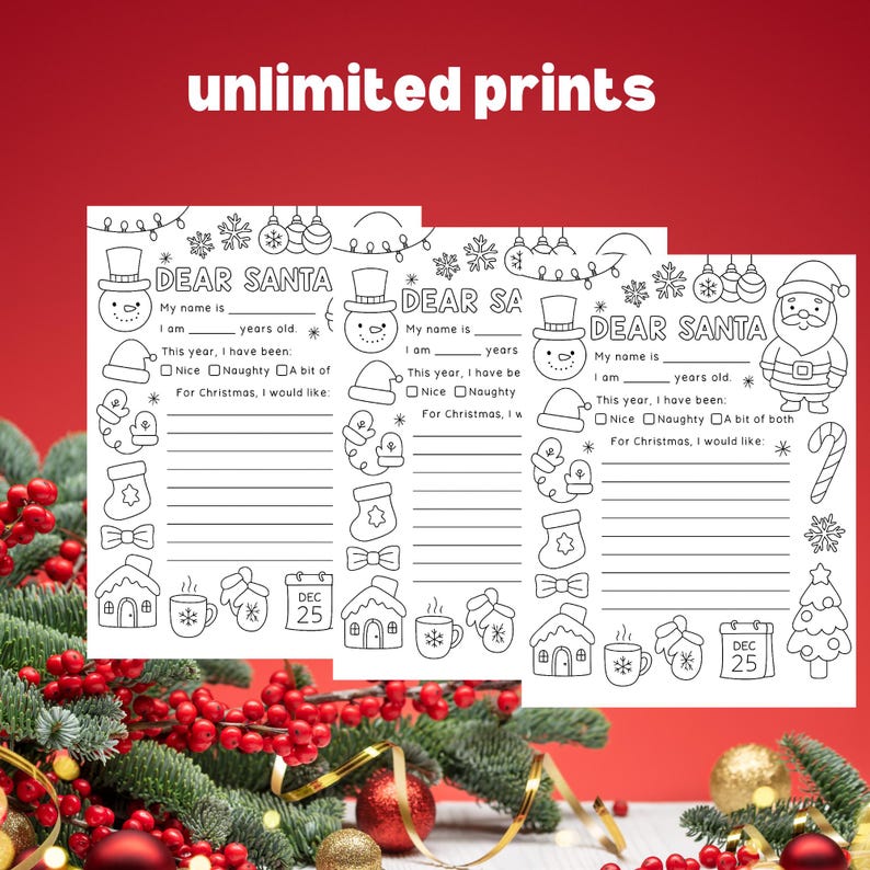 Letter to Santa Coloring Page Printable, Dear Santa Letter Template ...