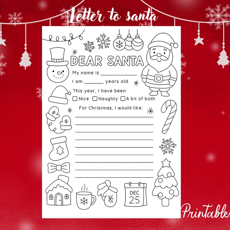 Letter to Santa Coloring Page Printable, Dear Santa Letter Template ...