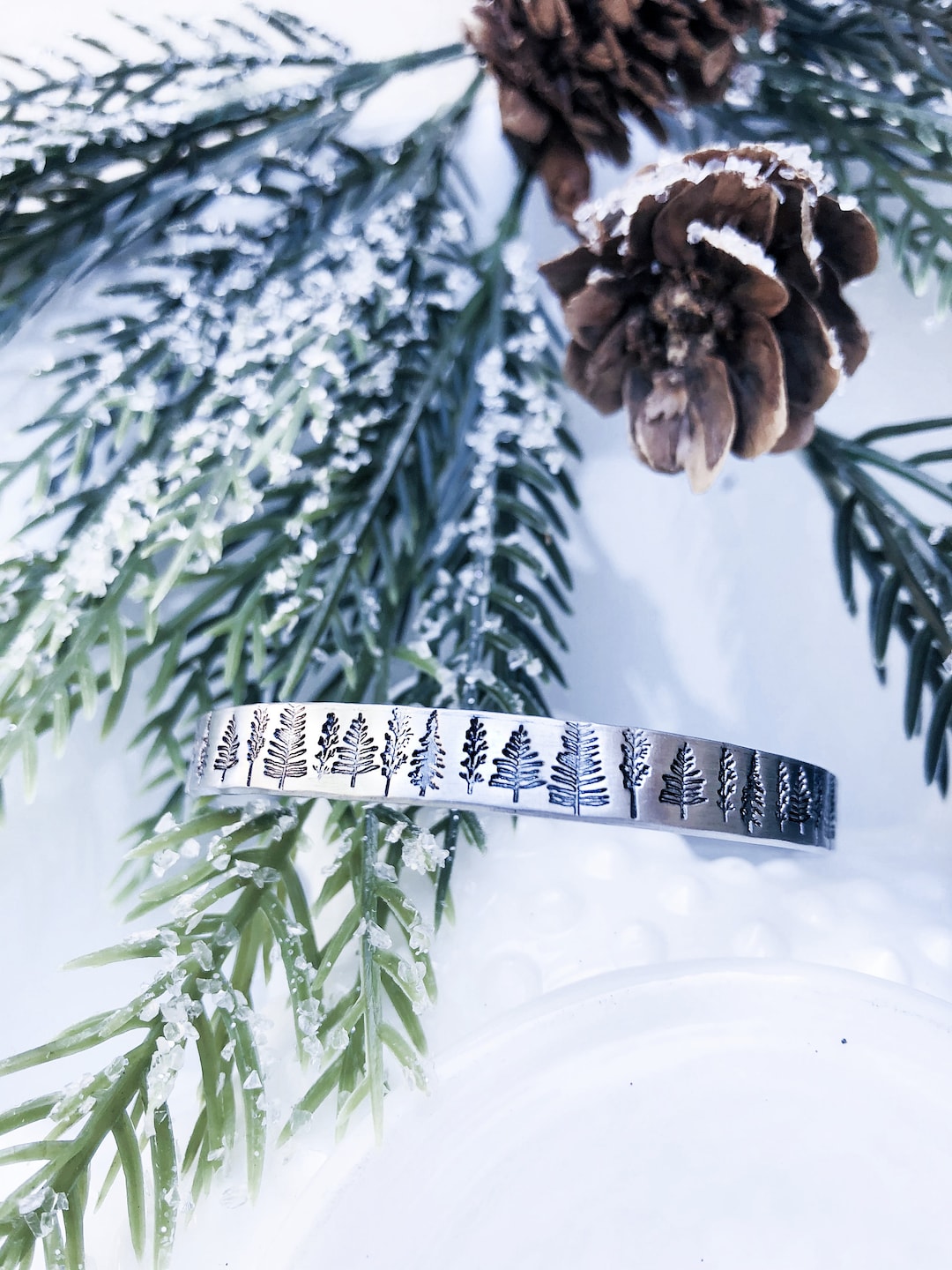 Silver Pine Tree Bracelet - Adjustable Forest Bracelet - Tree Cuff ...