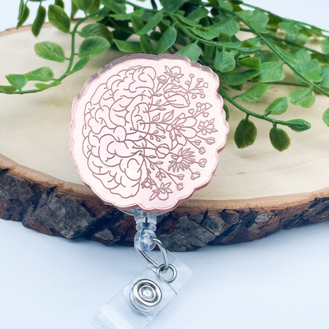 Floral Brain Badge Reel - Rose Gold Badge Reel - Neurology Neuro Badge ...