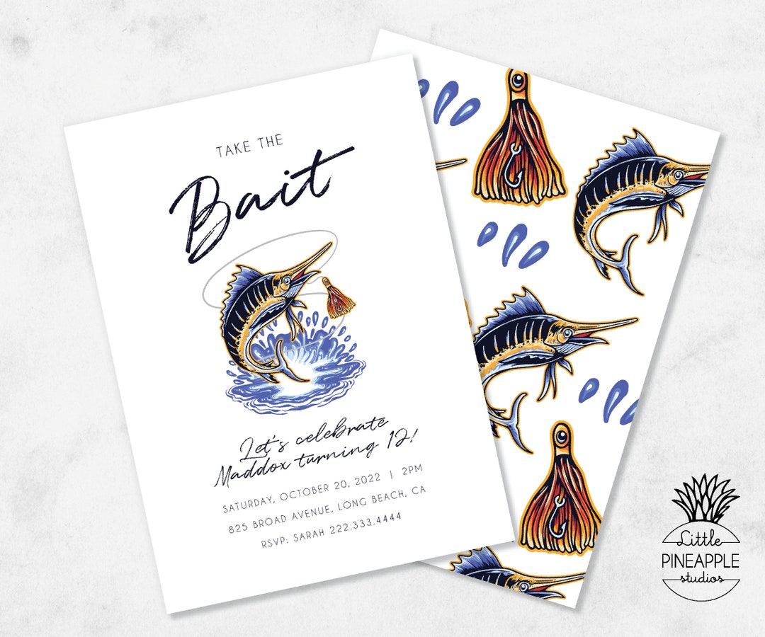 Take the Bait Marlin Minimalist Birthday Party Invite I EDIT, YOU PRINT ...