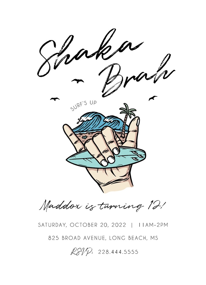 Shaka Brah Surf Minimalist Birthday Party Invite I EDIT YOU - Etsy