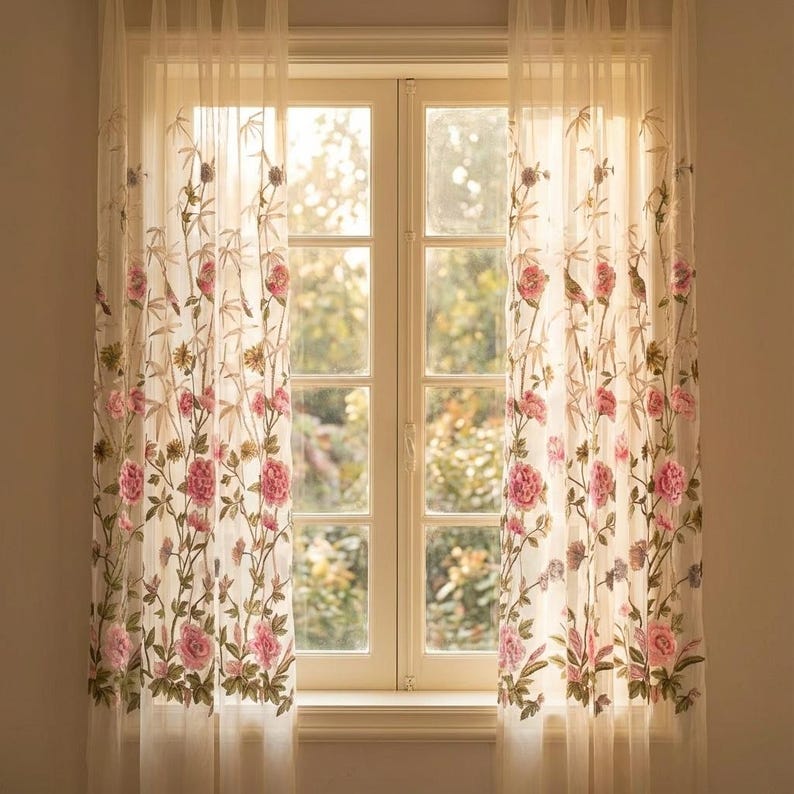 Embroidered Tulle Curtain With Bamboo & Flowers, Sheer Floral Window ...