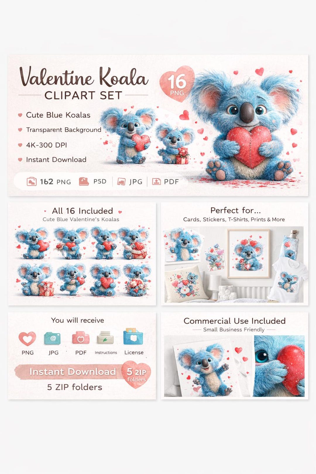 Valentine Koala Clipart Set, Cute Blue Koala Png, 16 Png Jpg Pdf ...