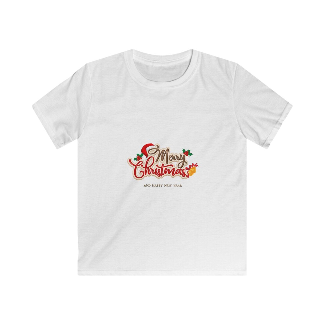 Merry Christmas Script Kids Tee | Santa Hat, Holly, Bells - Etsy